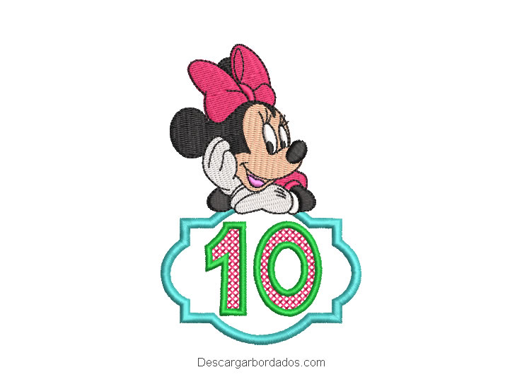 Bordado de minnie mouse con número 10 - Descargar Diseños de Bordados
